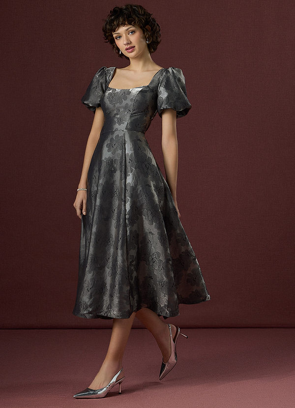 Kalani Charcoal Puff Sleeve Midi Dress | Azazie AU