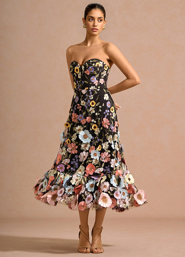 Jassiel Black and Multi Midi Dress | Azazie CA