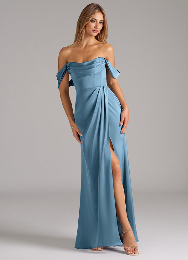 Azazie Johana Steel Blue Stretch Satin Bridesmaid Dresses | Azazie AU