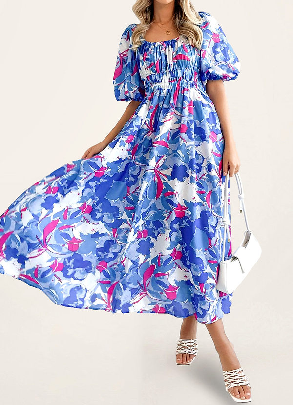 Blue Vernon Blue Floral Print Puff Sleeve Maxi Dress Dresses | Azazie