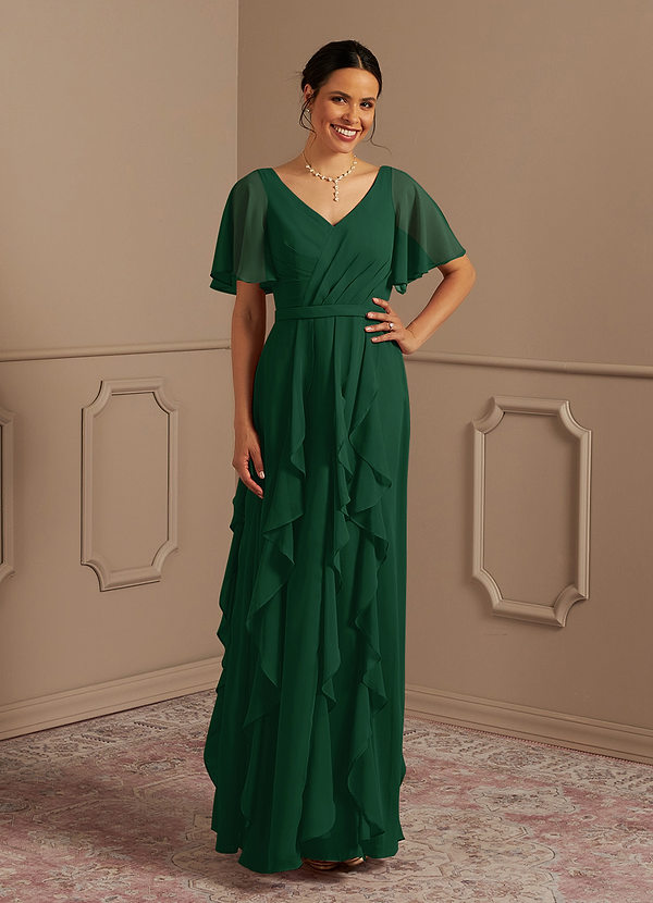 Dark Green Azazie Watson A-Line V-Neck Chiffon Floor-Length Dress | Azazie