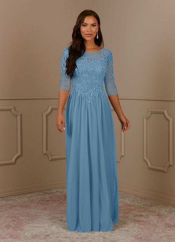 Azazie Harriet Steel Blue A-Line Scoop lace Mesh Dress | Azazie