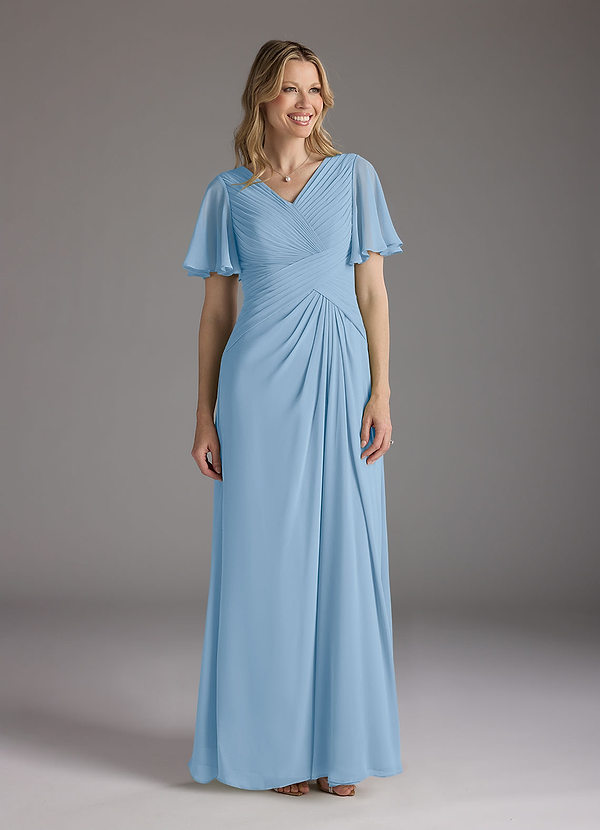Azazie Morning Glory Powder Blue A-Line V-Neck Ruched Chiffon Dress ...