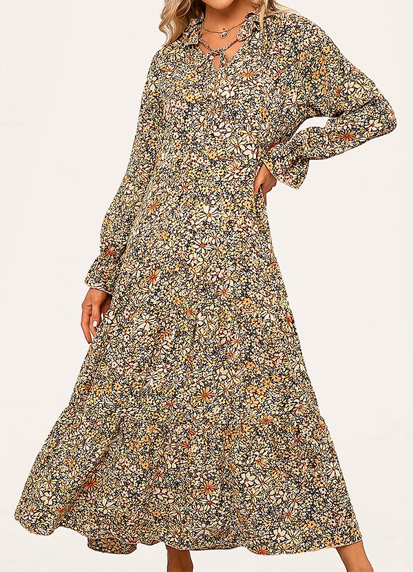 Yellow Reading Yellow Floral Print Long Sleeve Midi Dress Dresses | Azazie