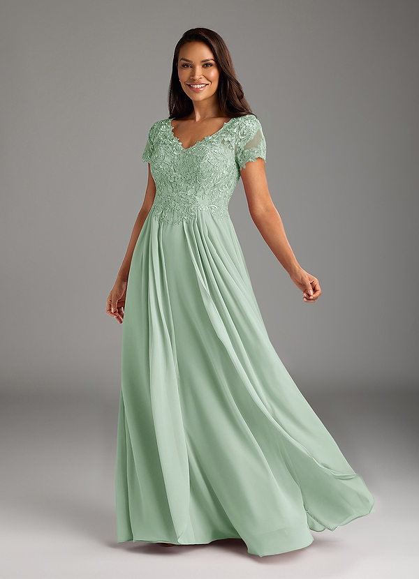 Azazie Dunja Agave A-Line V-Neck Lace Chiffon Dress | Azazie CA