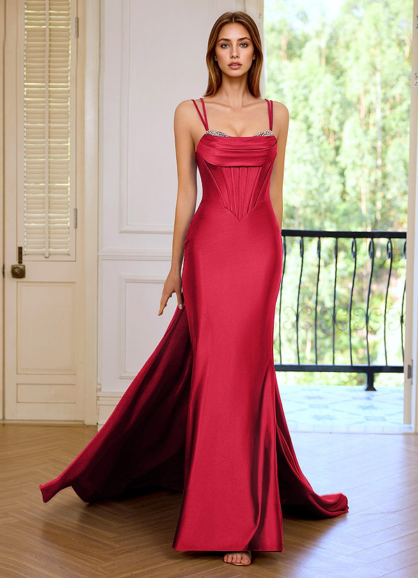 Montserrat Red Rhinestones Stretch Satin Prom Dress | Azazie