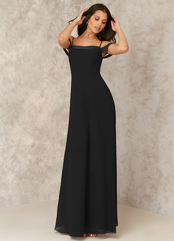 Black Stretch Satin Off Shoulder Chiffon A-Line Dress Bridesmaid ...