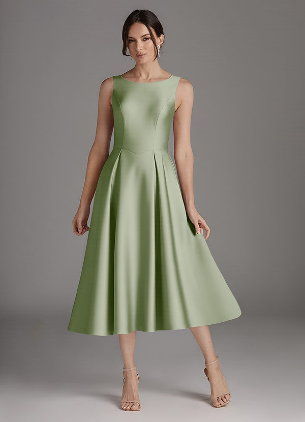 Azazie Fulton Dusty Sage A-Line Pleated Stretch Satin Dress | Azazie CA