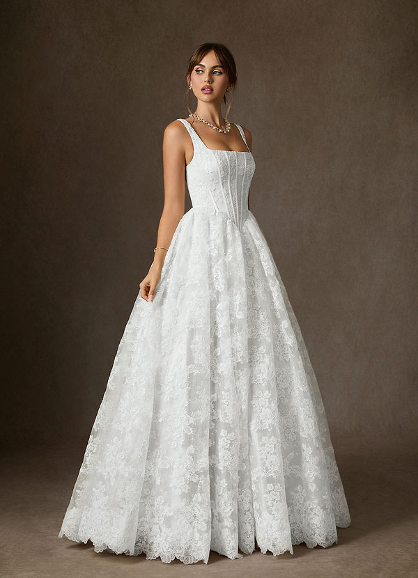 Azazie Geneva Diamond White Ball-Gown Square Neckline Lace Dress ...