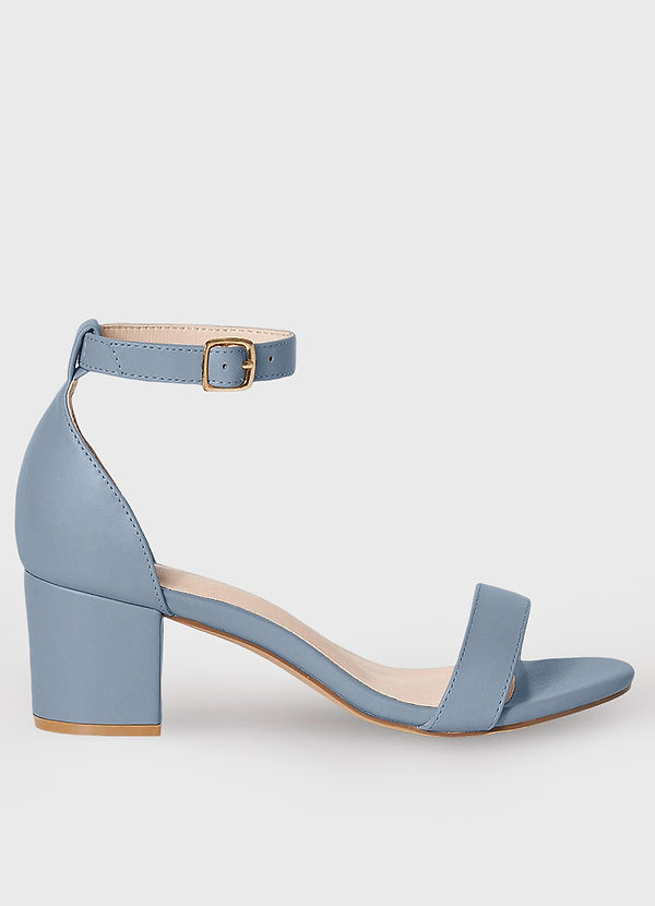 Dusty Blue Matte Satin One Strap Buckle Block Low Heel Sandals | Azazie