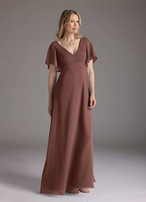 Azazie Alessa Espresso A-Line V-Neck Pleated Chiffon Dress | Azazie CA
