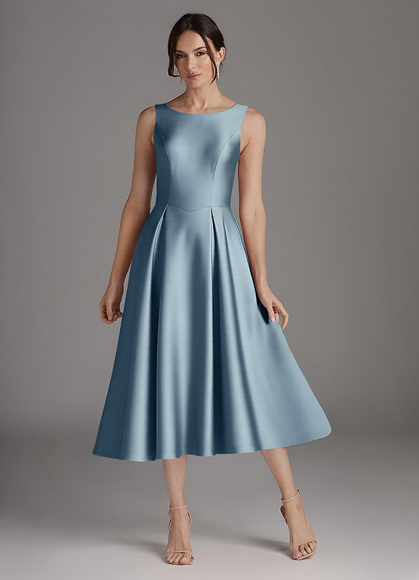 Azazie Fulton Dusty Blue A-Line Pleated Stretch Satin Dress | Azazie