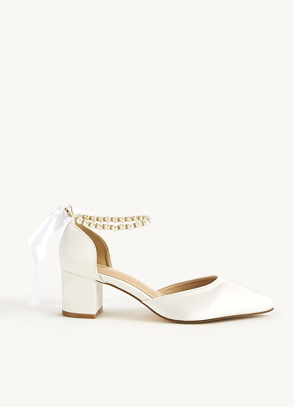 Satin Pearl and Bow Pointed Toe Block Heels Shoes | Azazie UK