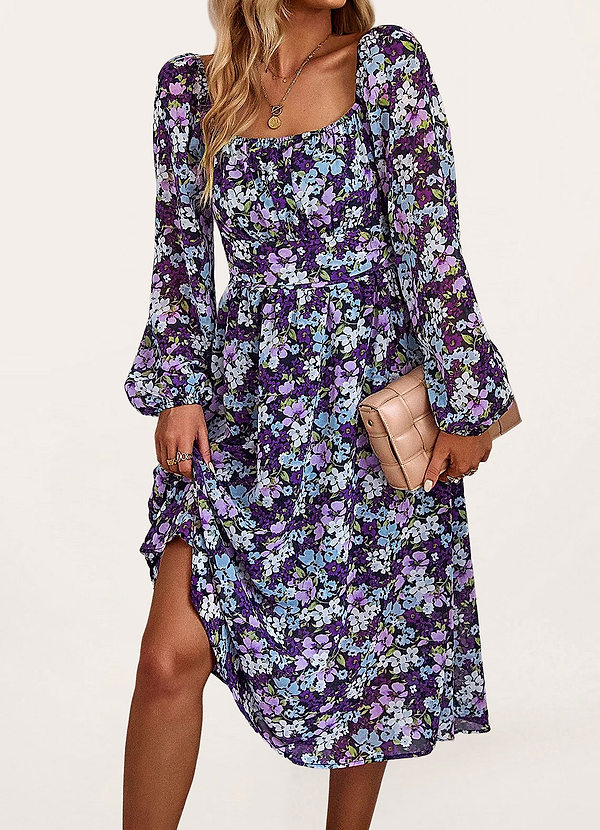 Schicker Status Lila Langarm-Midikleid mit Blumendruck Kleider | Azazie