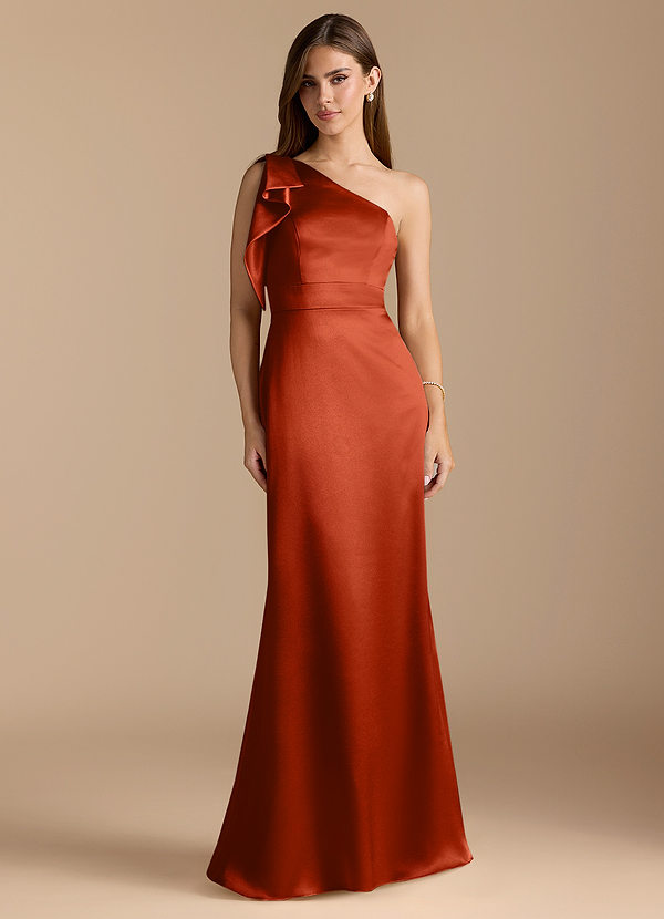 Azazie Rinna Paprika Metallic Satin Bridesmaid Dresses | Azazie CA