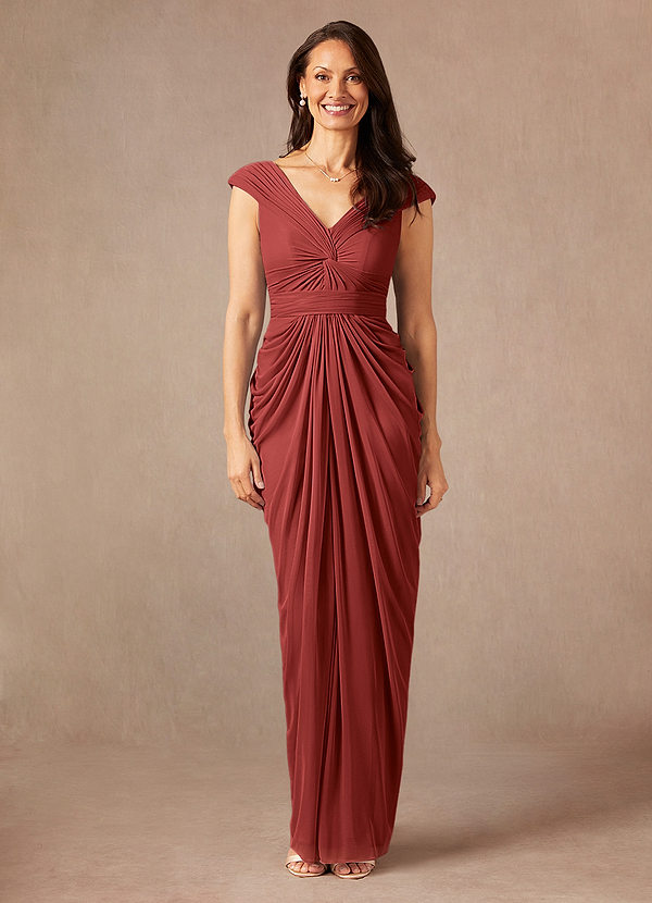 Azazie Lisolette Rust Sheath Pleated Mesh Dress | Azazie