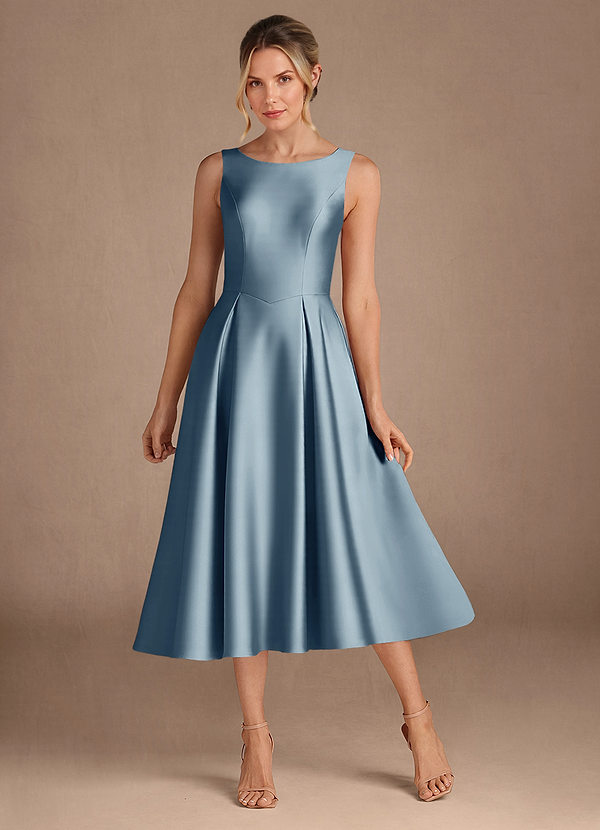 Azazie Fulton Dusty Blue A-Line Pleated Stretch Satin Dress | Azazie CA