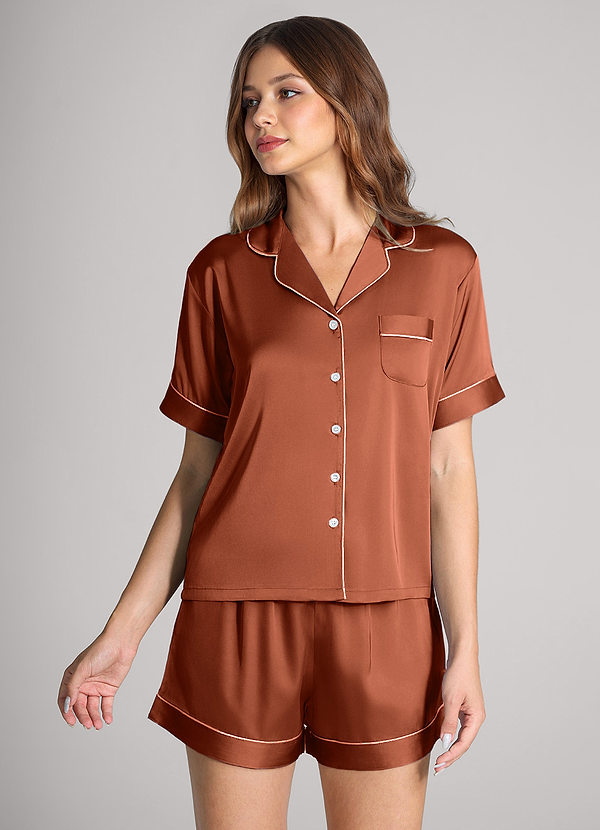 Terracotta Matching Color Satin Contrast Piping Pajama Set Robes | Azazie