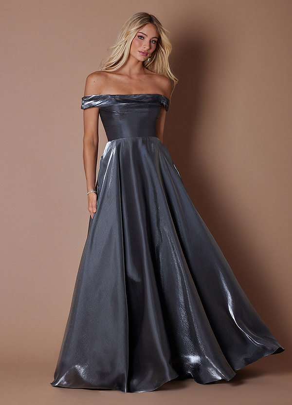 Tori Gunmetal Off Shoulder Gown | Azazie UK