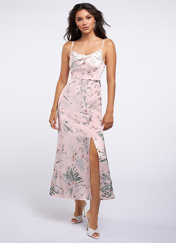 Pink Remarkable Beauty Pink Floral Satin Midi Dress Dresses | Azazie
