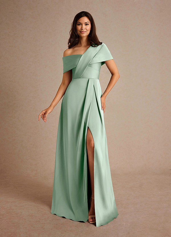 Azazie Milton Agave A-Line Pleated Stretch Satin Dress | Azazie CA