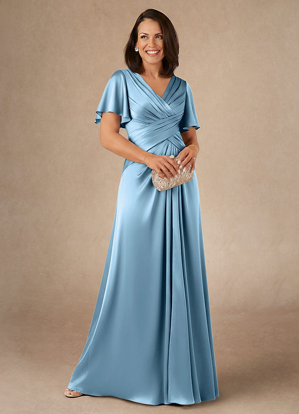 Azazie Emmeline Steel Blue A-Line Pleated Stretch Satin Dress | Azazie CA