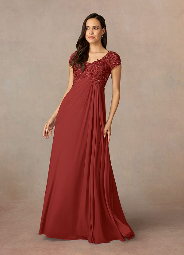 Rust Azazie Macy A-Line V-Neck Sequin Lace Lace Floor-Length Dress | Azazie