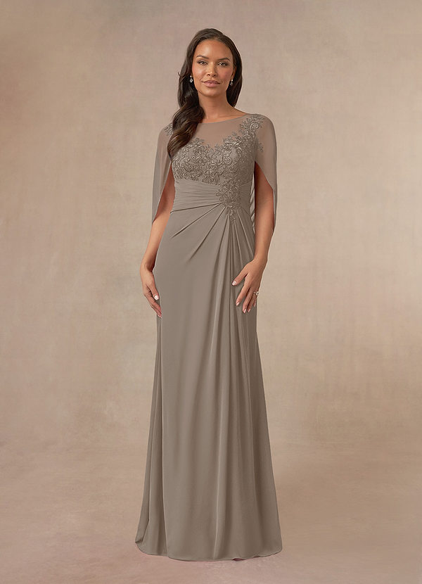 Azazie Hera Taupe A-Line Lace Capelet Chiffon Dress | Azazie