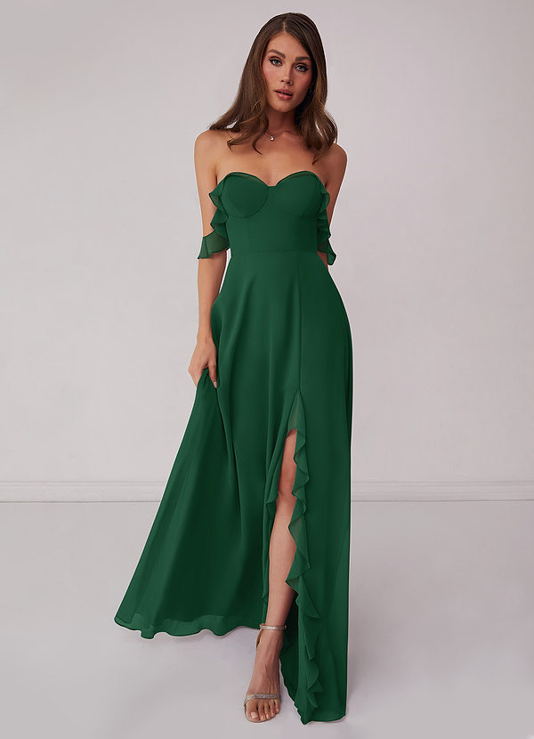 Dark Green Off-the-Shoulder Ruffle Chiffon A-line Dress Bridesmaid ...