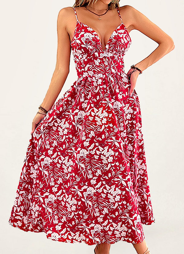 Red Malta Red Floral Print Midi Dress Dresses | Azazie