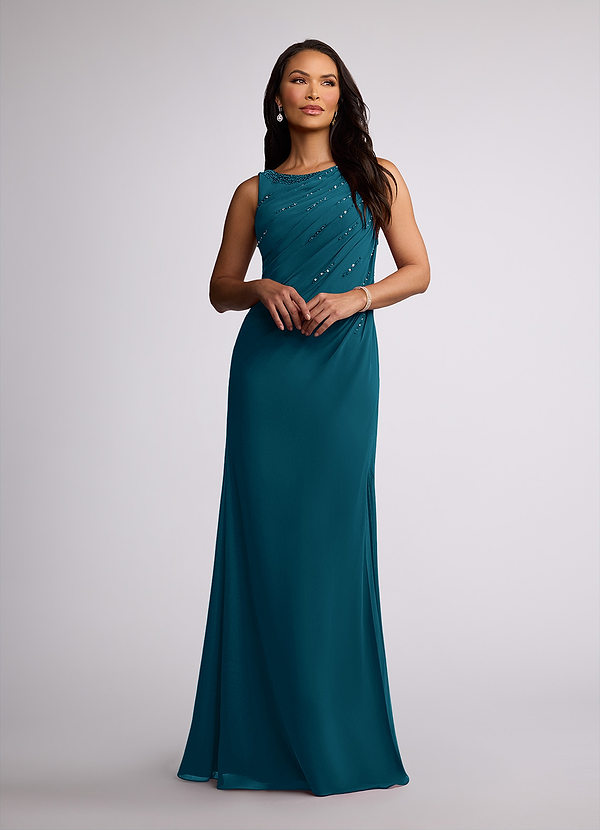 Ink Blue Azazie Islania A-Line Pleated Chiffon Floor-Length Dress | Azazie