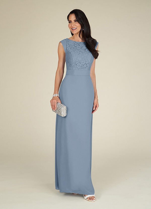 Dusty Blue Azazie Bettina A-Line Lace Chiffon Floor-Length Dress | Azazie