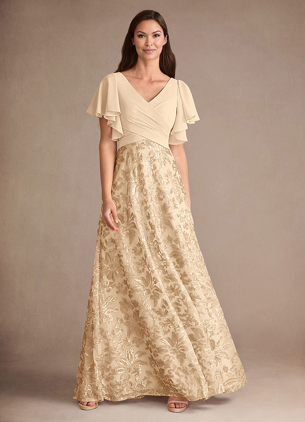 Azazie Fallon Champagne A-Line Pleated Lace Dress Sample Dress | Azazie