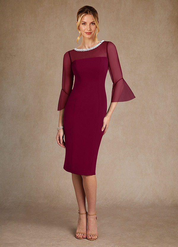 Azazie Bellevue Burgundy Sheath Beaded Stretch Crepe Dress | Azazie CA