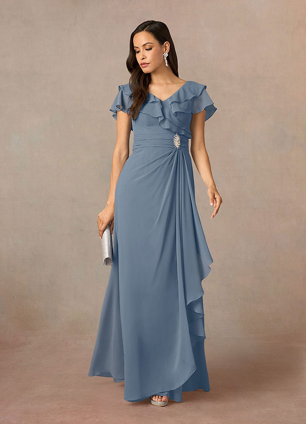 Azazie Snapdragon Twilight A-Line V-Neck Ruched Chiffon Dress | Azazie CA