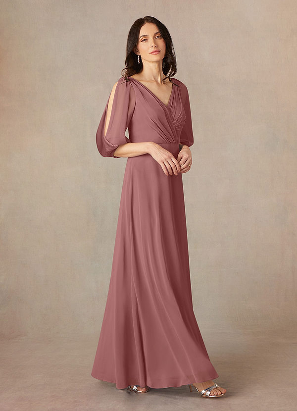 Azazie Bronwyn Desert Rose A-Line V-Neck Ruched Chiffon Dress | Azazie