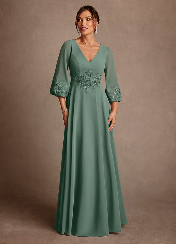 Azazie Yorba Eucalyptus A-Line Lace Chiffon Dress | Azazie CA