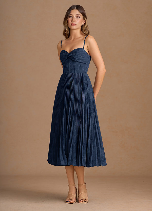Annie Navy Pleated Midi Dress | Azazie UK