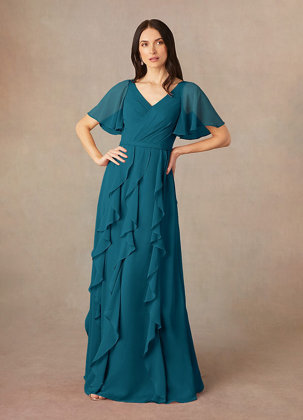 Azazie Watson Ink Blue A-Line V-Neck Chiffon Dress | Azazie