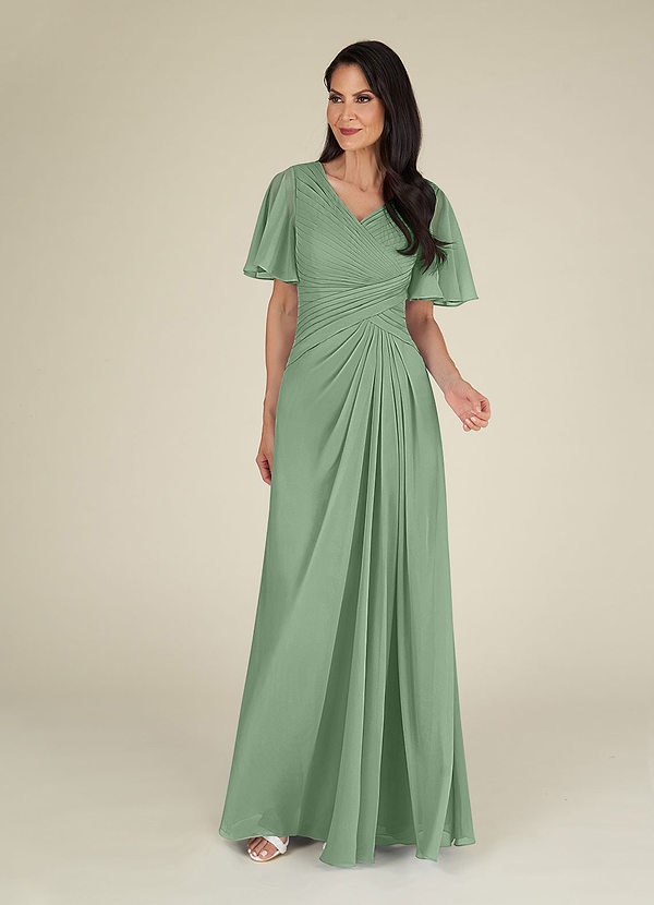 Matcha Azazie Morning Glory Matcha A-Line V-Neck Ruched Chiffon Dress ...