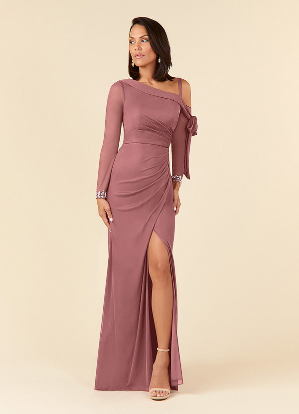 Azazie Marna Desert Rose Sheath One Shoulder Mesh Dress | Azazie