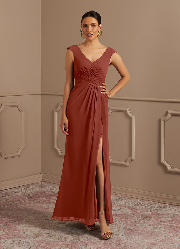 Auburn Azazie Sally Robe A-ligne Col V plissé Longueur ras du sol ...