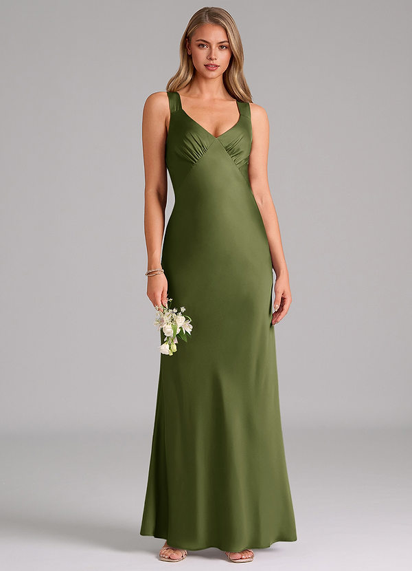 Azazie Kamila Olive Stretch Satin Bridesmaid Dresses | Azazie CA