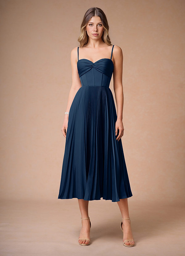Léna Navy Pleated Midi Dress | Azazie CA