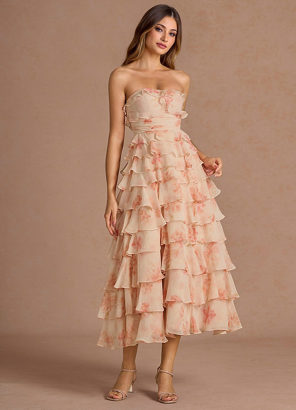 Alya Peach Ruffle Midi Dress | Azazie