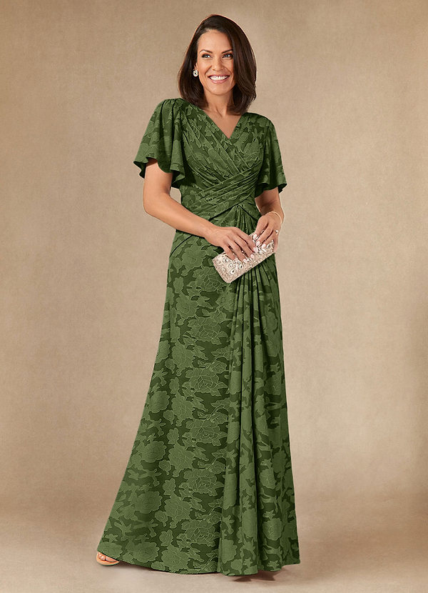 Azazie Emmeline Olive A-Line Pleated Floral Burnout Dress Ready to Ship ...