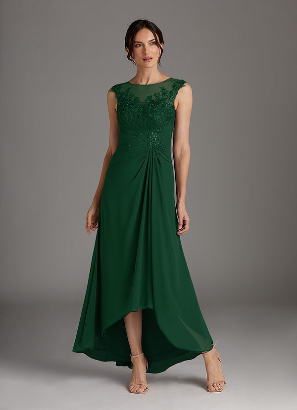 Azazie Endora Dark Green A-Line Scoop Lace Chiffon Dress | Azazie