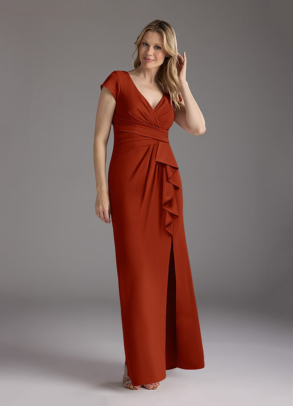 Azazie Tana Rust Mermaid V-Neck Pleated Stretch Crepe Dress | Azazie CA