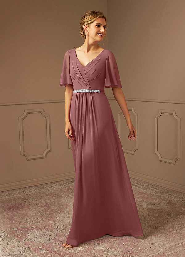 Azazie Tricia Desert Rose A-Line V-Neck Pleated Chiffon Dress | Azazie CA