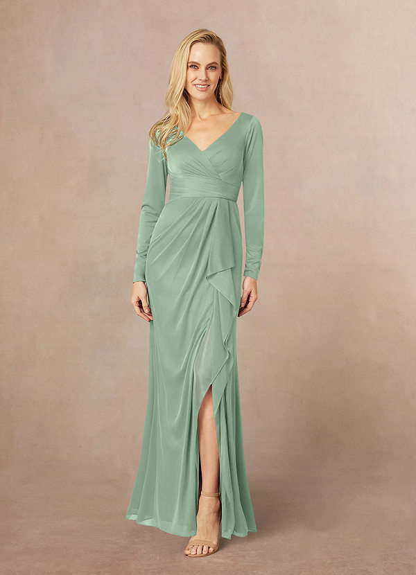 Matcha Azazie Risa Matcha Mermaid V-Neck Pleated Mesh Dress | Azazie